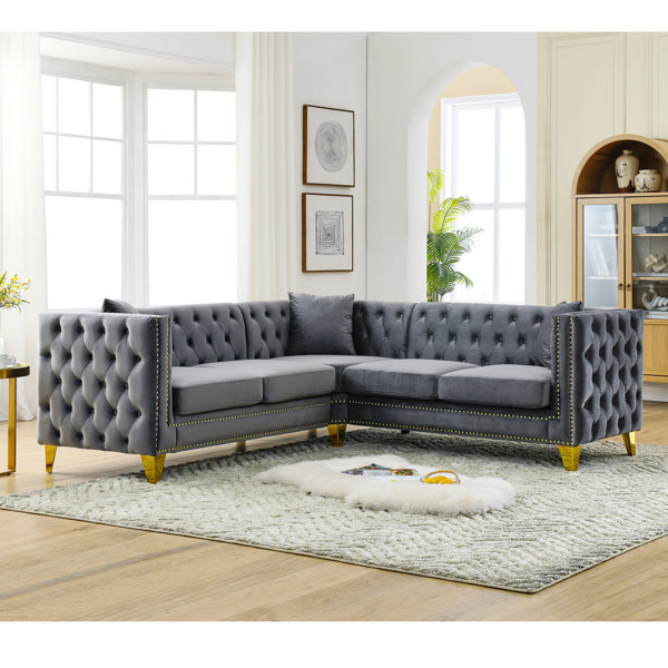 Everly Quinn Velvet Corner Sofa, L-Shaped Sectional Couch, 5-Seater Corner Sofas with 3 Cushions ...